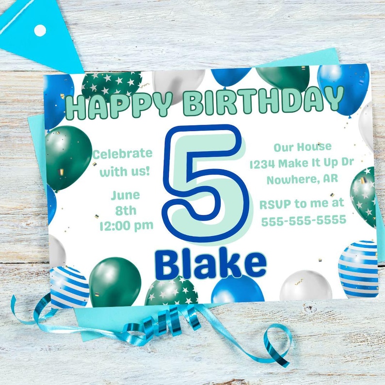 Editable Blue Happy Birthday Invitation, Boy Invitation, Canva Template ...
