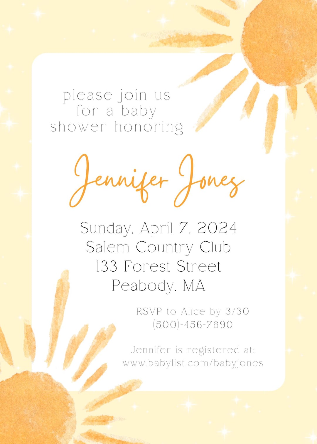 Baby Shower Invitation Sunshine Theme - Etsy