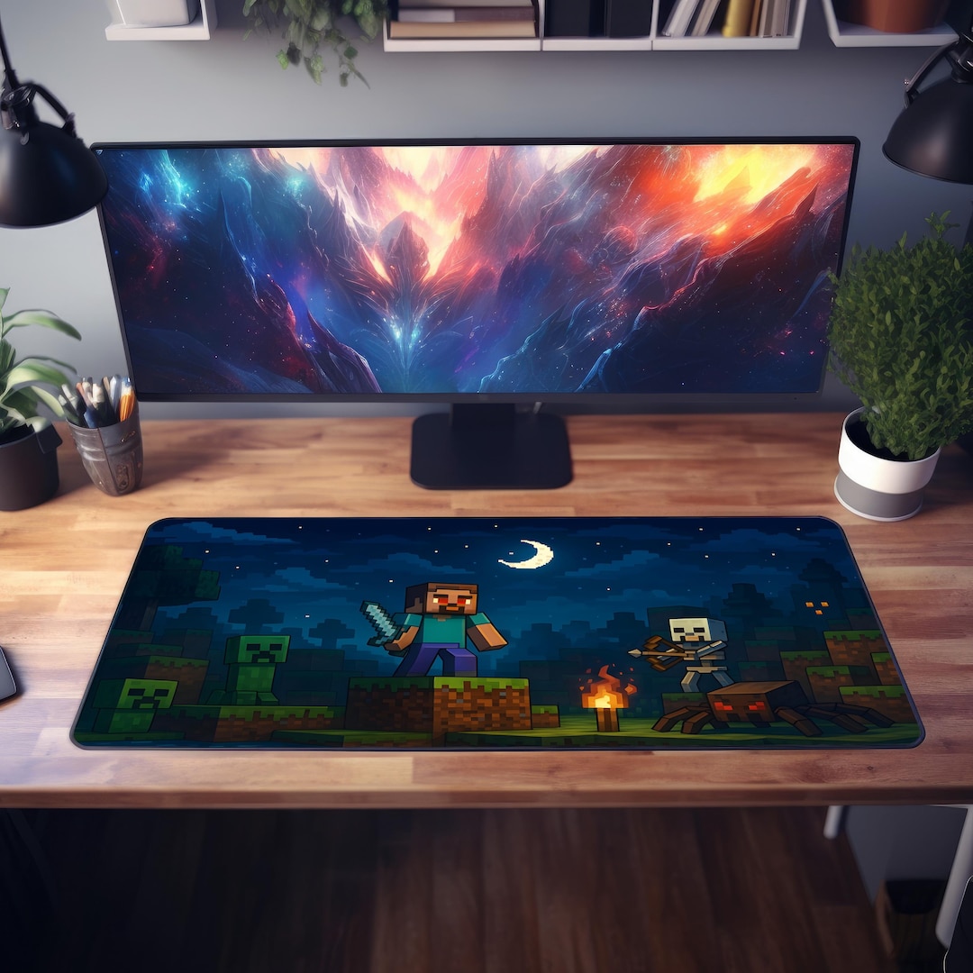 Minecraft-inspired Desk Mat, Blocky Characters in Epic Battle Scene ...