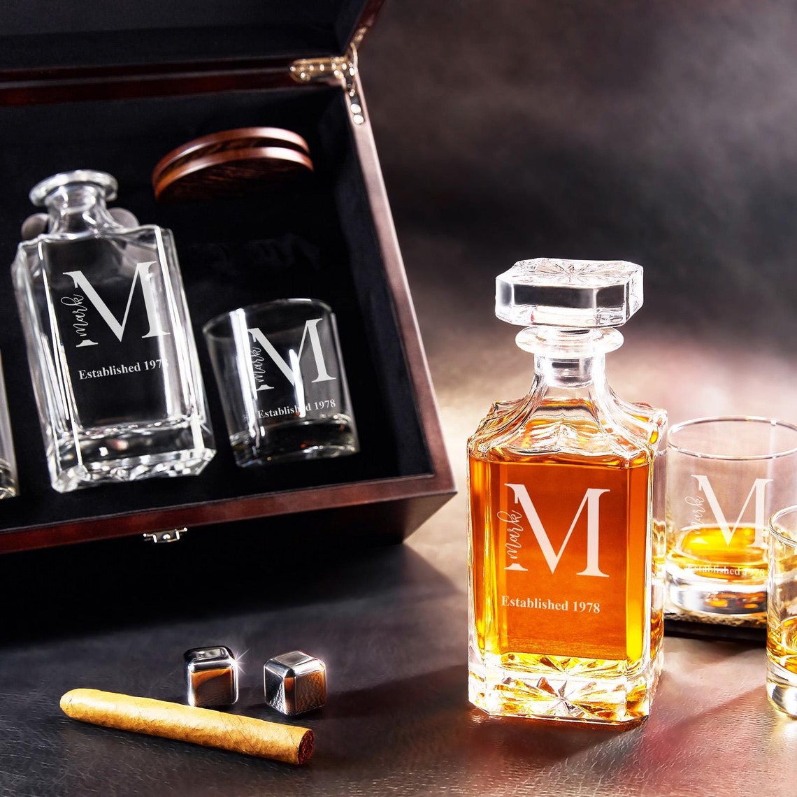 Monogrammed Whiskey Decanter Set, Whiskey Rock Glasses - Etsy
