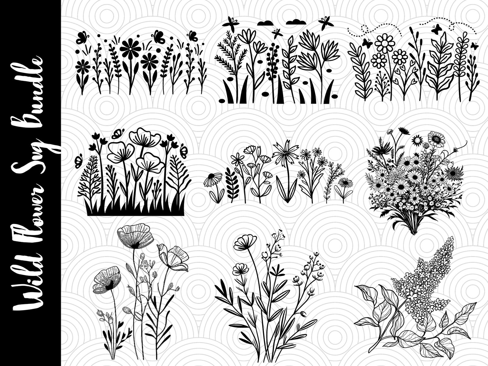 Wildflower Svg Bundle, Flower Meadow Svg, Flower Border SVG, Minimalist ...