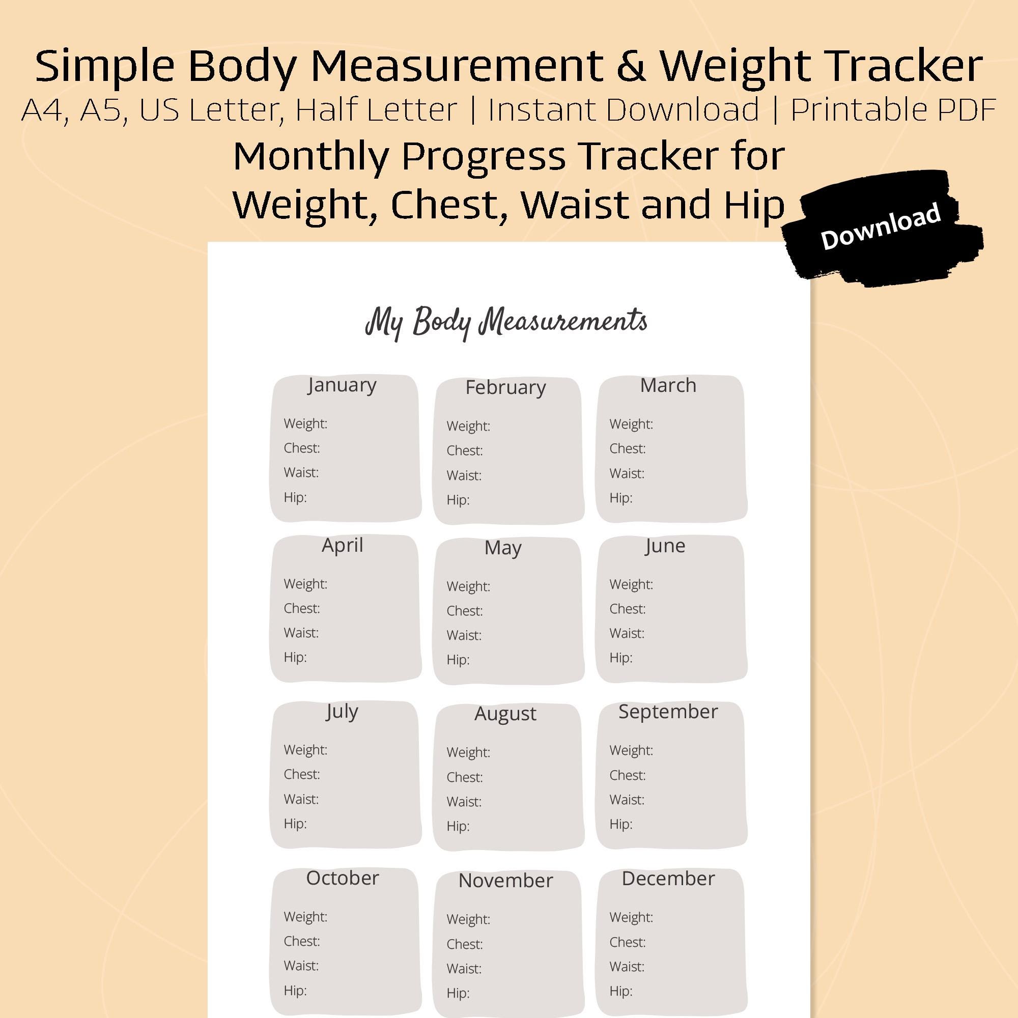 Simple Printable Body Measurements & Weight Tracker for Hip, Waist ...