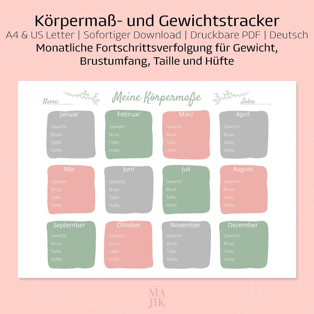 Simple Printable Body Measurements & Weight Tracker German | Weight ...