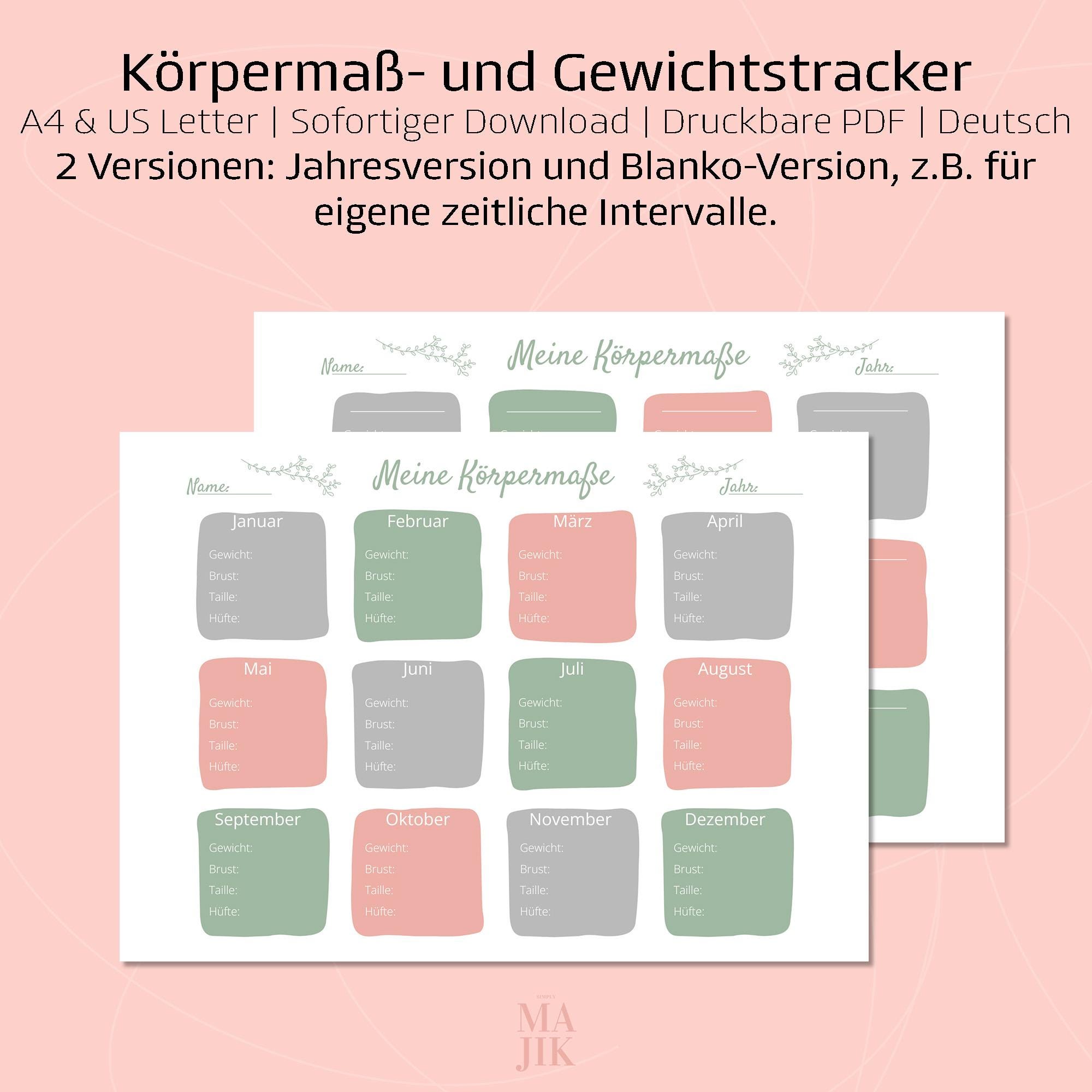 Simple Printable Body Measurements & Weight Tracker German | Weight ...