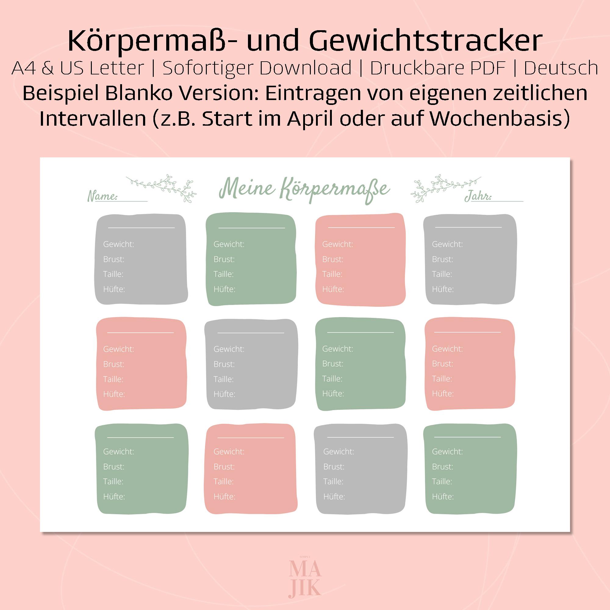 Simple Printable Body Measurements & Weight Tracker German | Weight ...