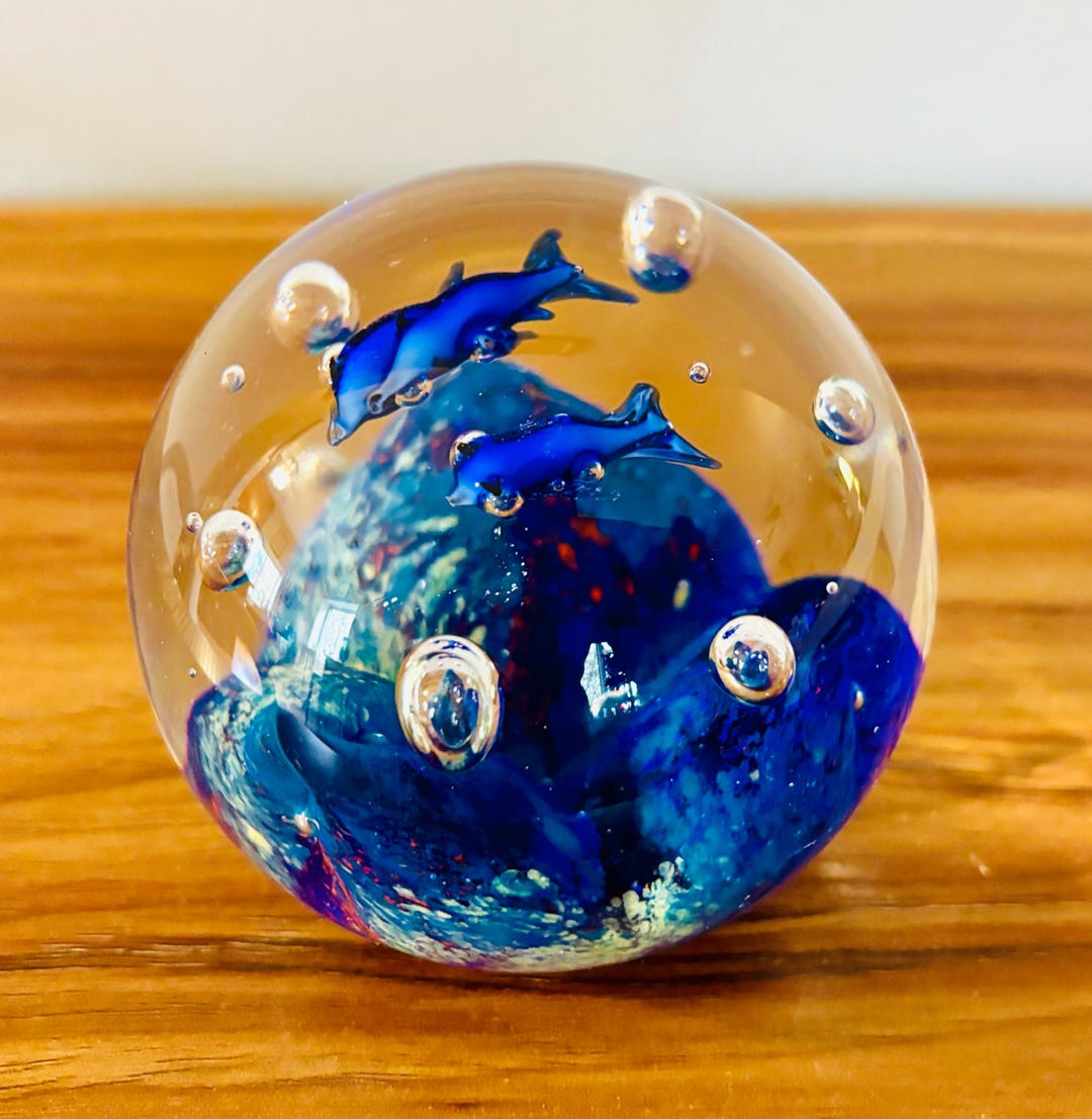 Vintage 90s Hand-blown Glass Dolphin Fish Paperweight - Colorful Ocean ...