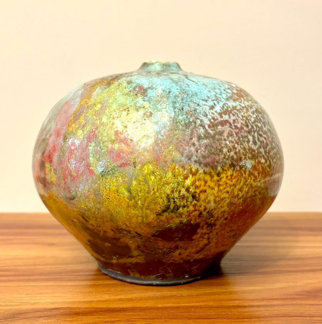 Vibrant Handcrafted Raku Ceramic Ball Vase: Unique Pastel Artisan ...