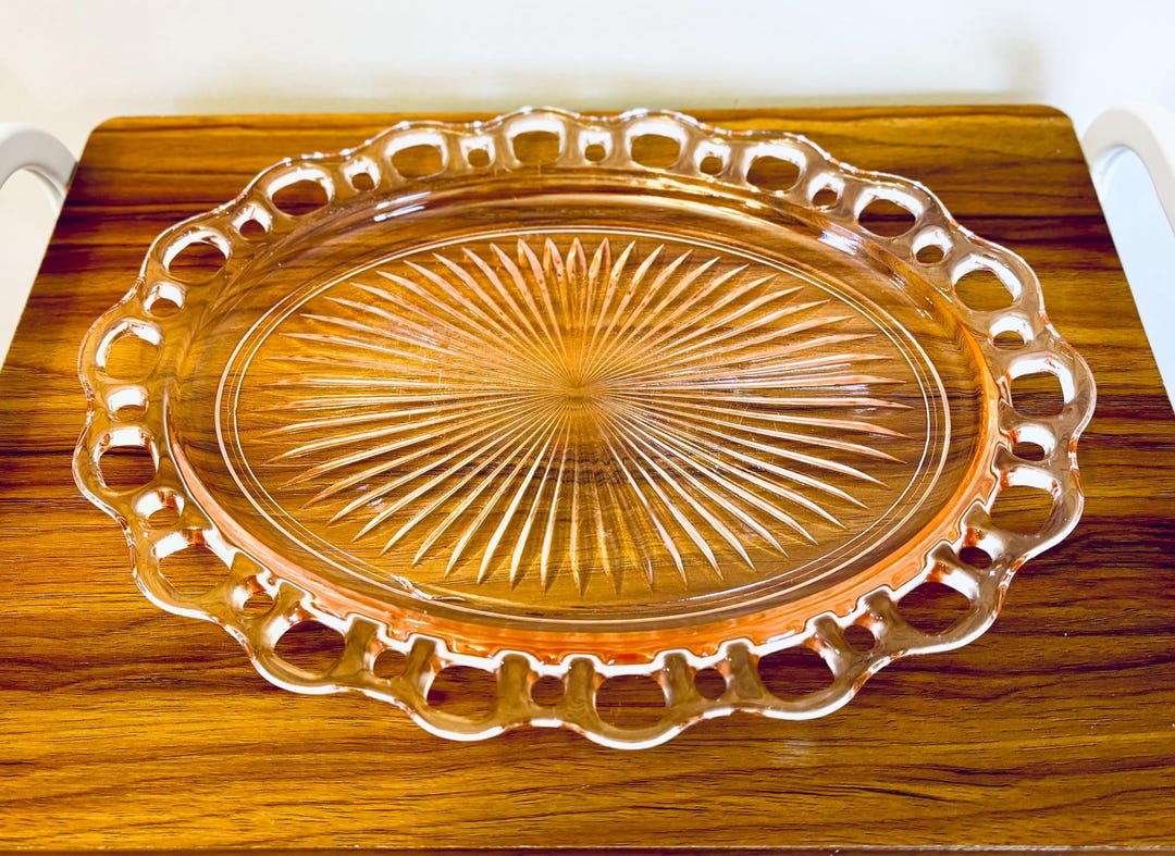 Vintage UV Reactive Pink Depression Glass Oval Laced Platter - Art Deco ...