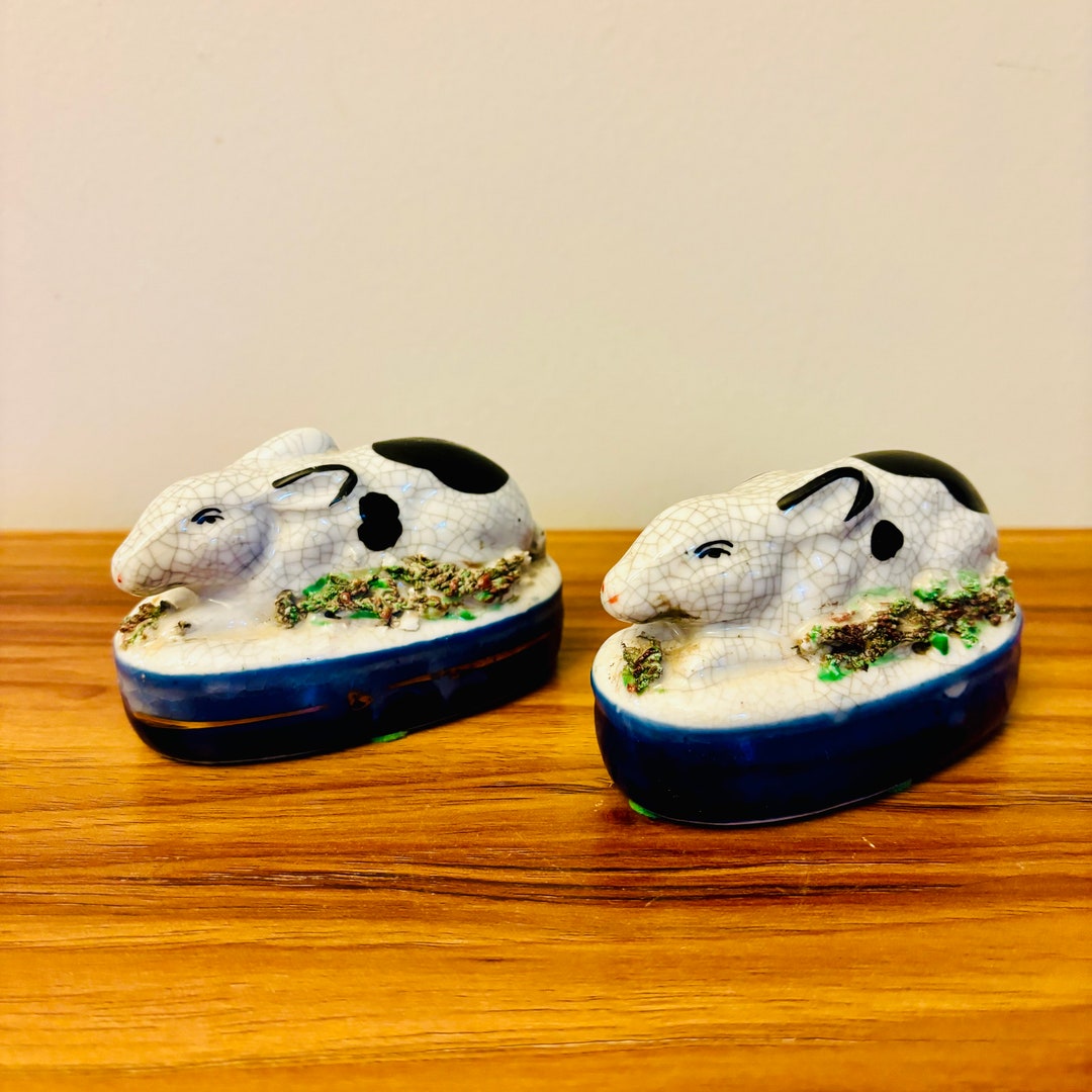 Victorian Staffordshire Ceramic Rabbit Pair on Cobalt Blue Bases - Hand ...
