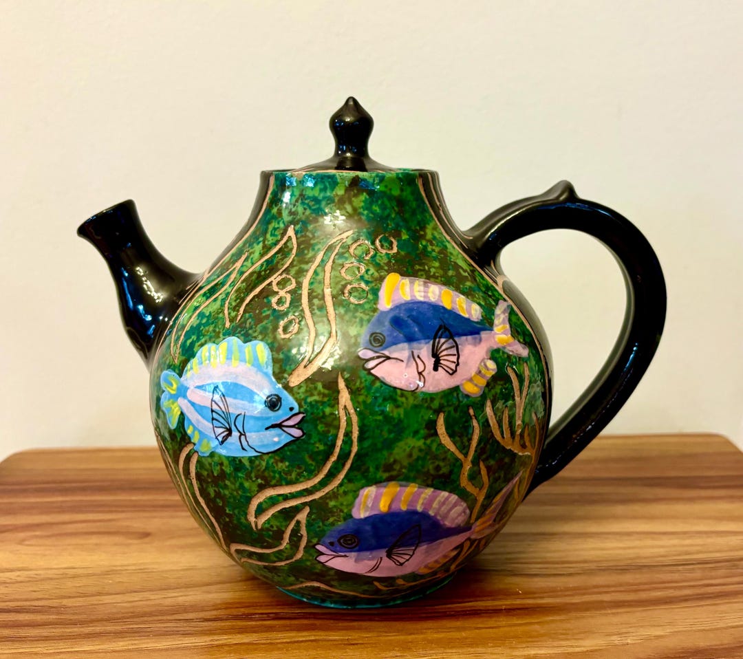 Unique Jamaican Wassi Art Fish Themed Teapot 6.75 in - Handmade Pottery ...