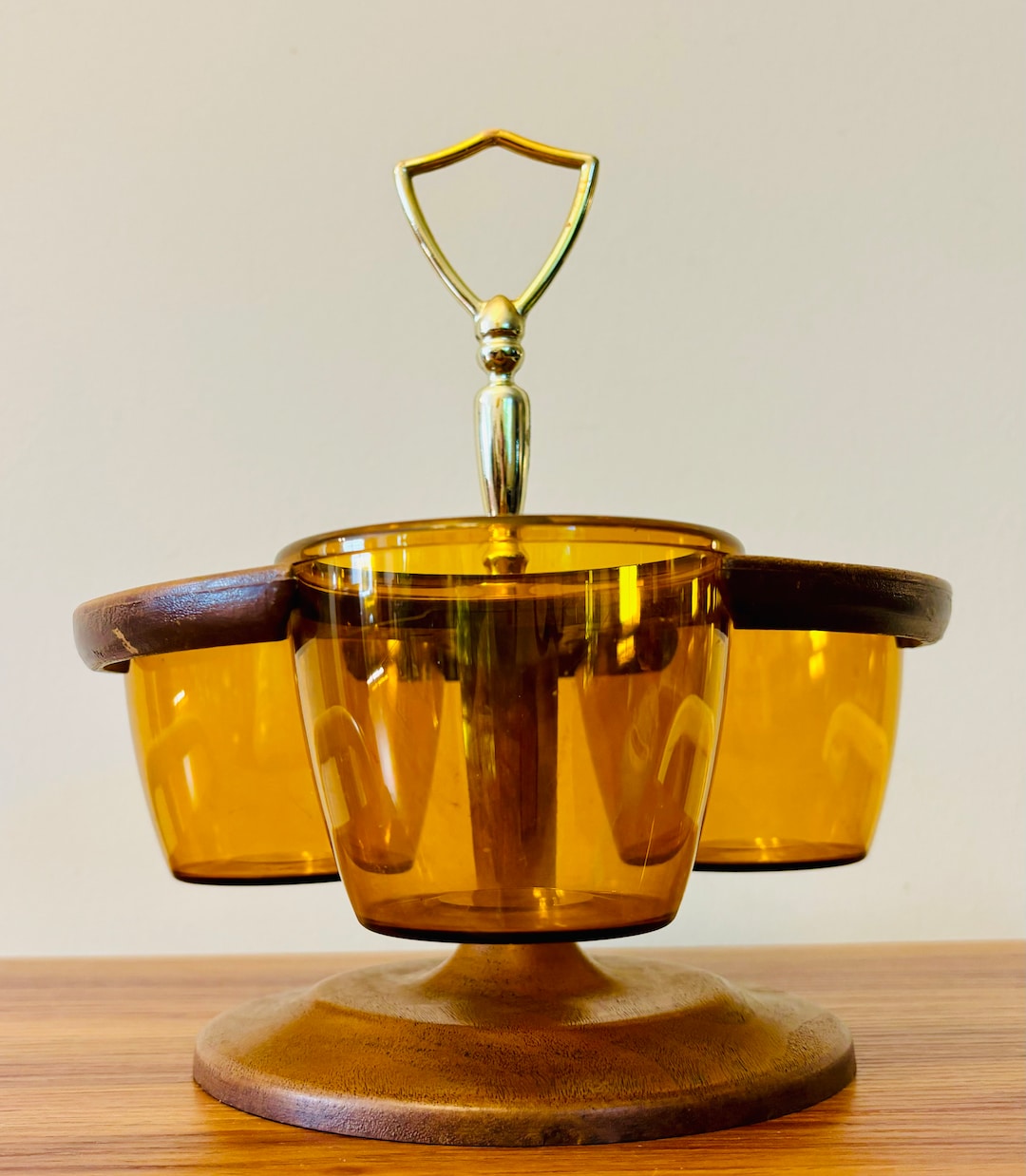 1970s Thermo-serv Condiment Caddy Stand With Faux Walnut Base and Amber ...