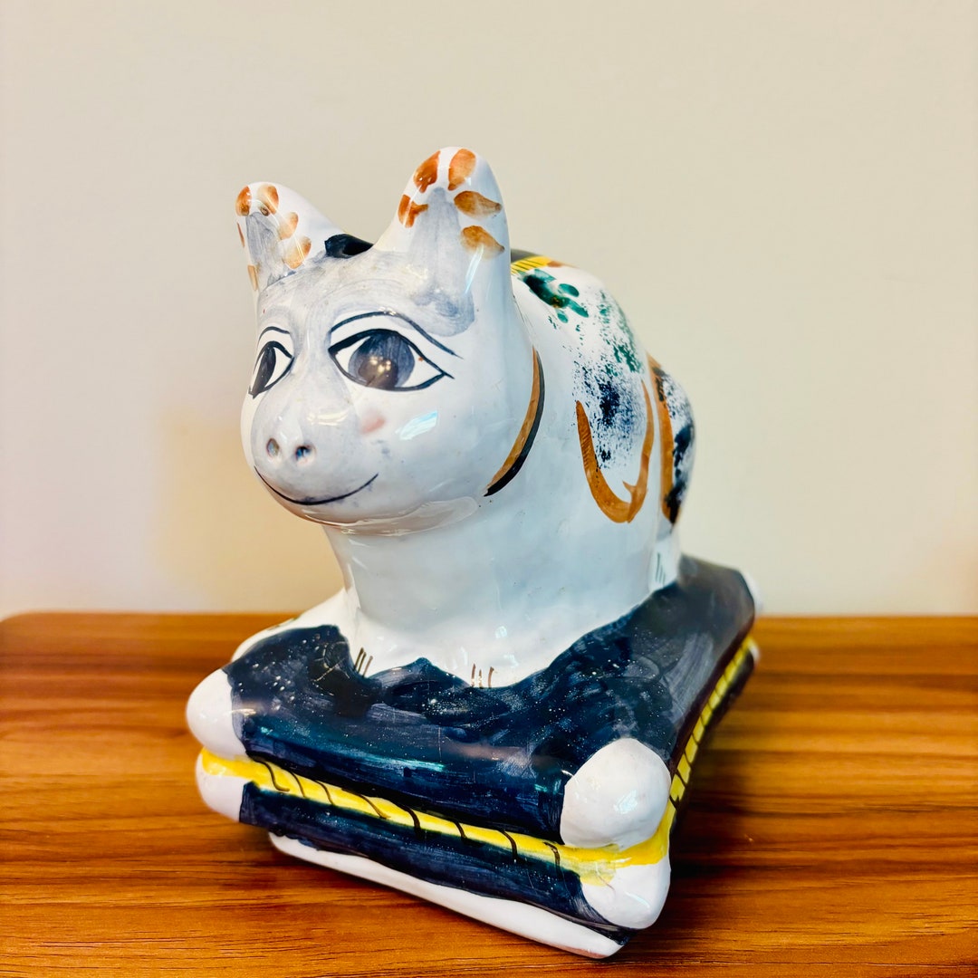 19th Century Portuguese Majolica Pottery Cat Flower Frog Red Clay Pen ...