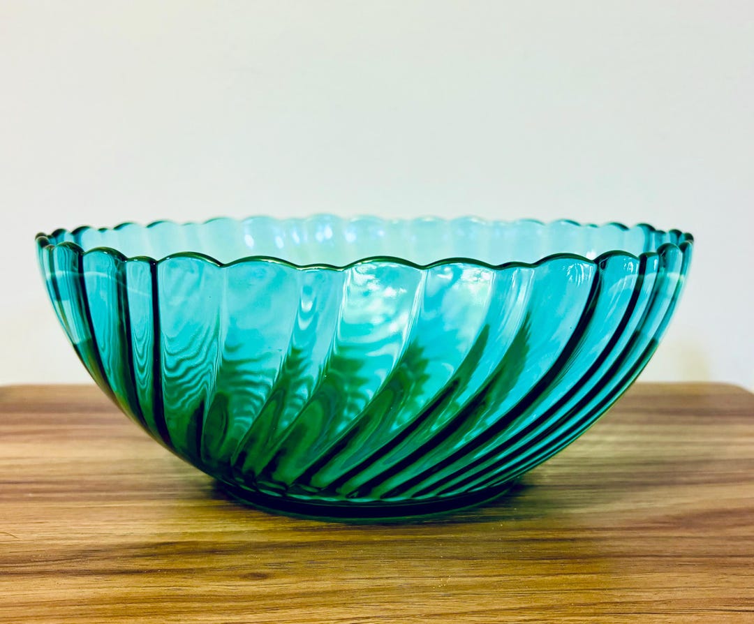 Vintage Aroroc France Aqua Teal Glass Serving Bowl - UV Reactive Swirl ...