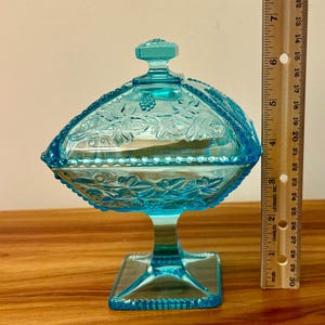 Mid-century Ice Blue Grape Pattern Glass Compote Bowl Vintage Candy ...