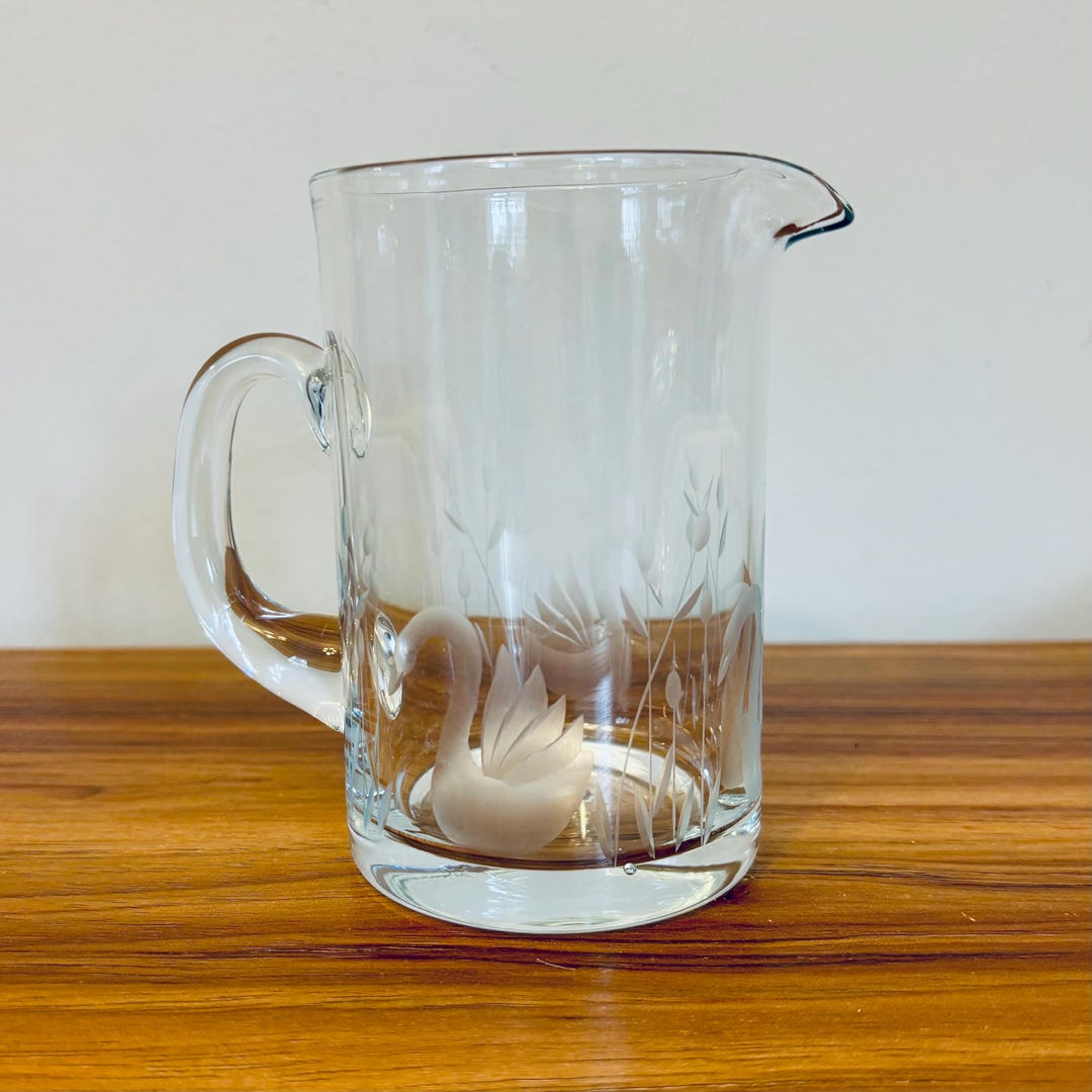 Vintage Etched Glass Pitcher Vase With Swan & Cattail Design - Clear ...