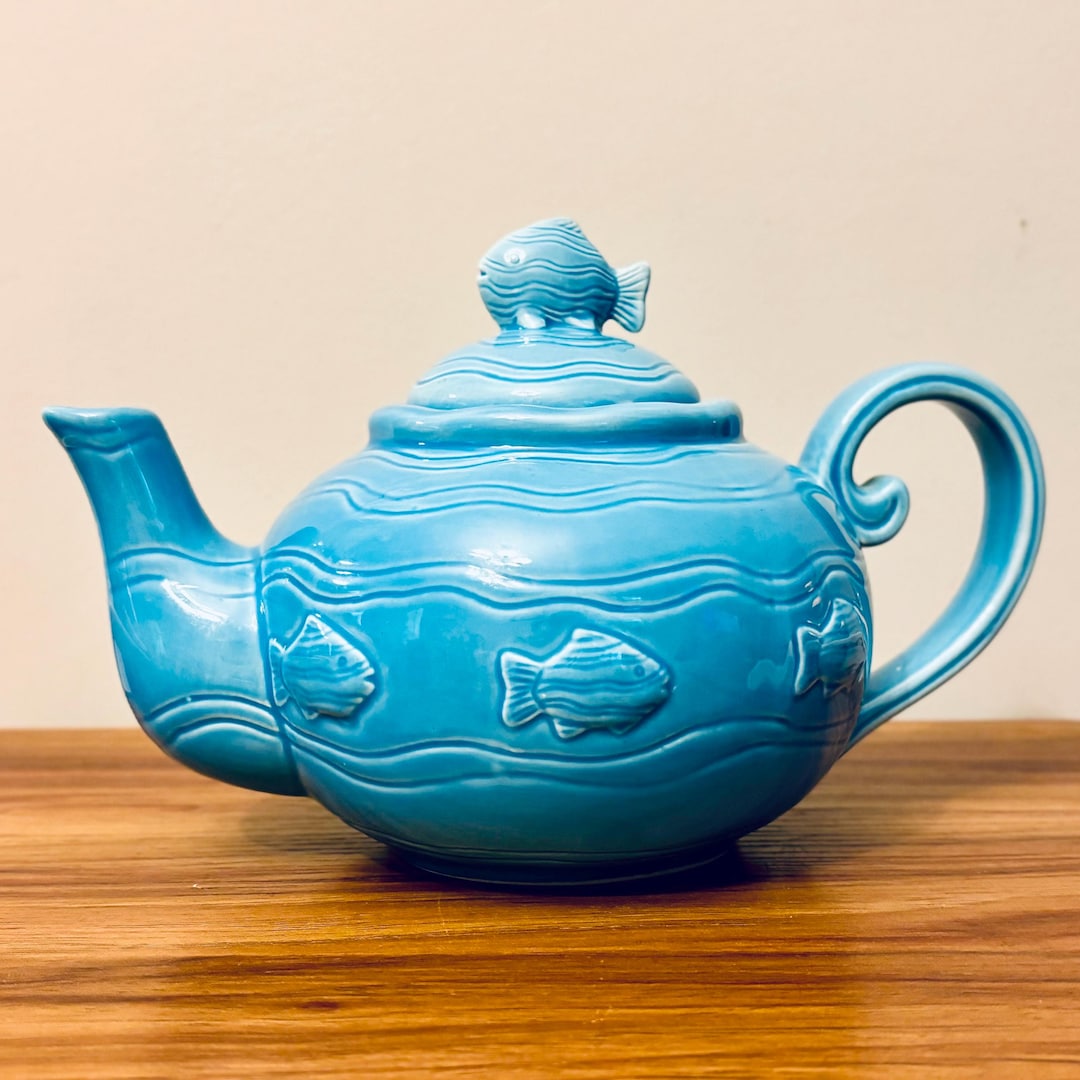 Vintage Blue Ceramic Fish Teapot - Coastal Home Decor - Functional 6 ...
