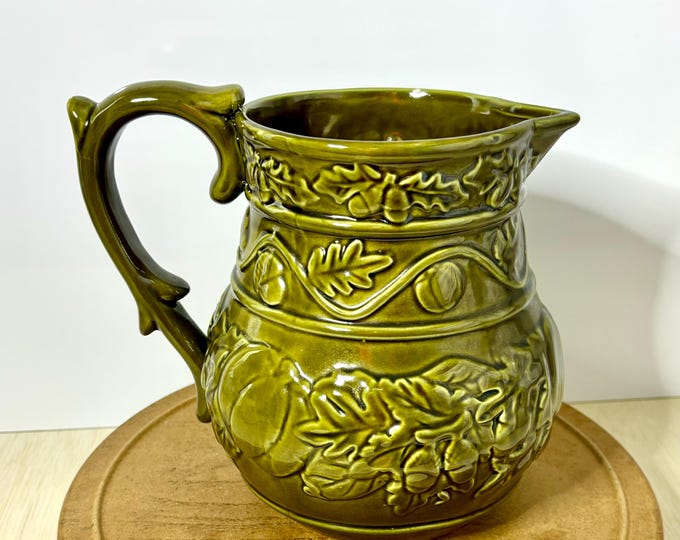 Vintage Olive Green Harvest Pitcher: Ceramic Acorn & Holly Relief ...