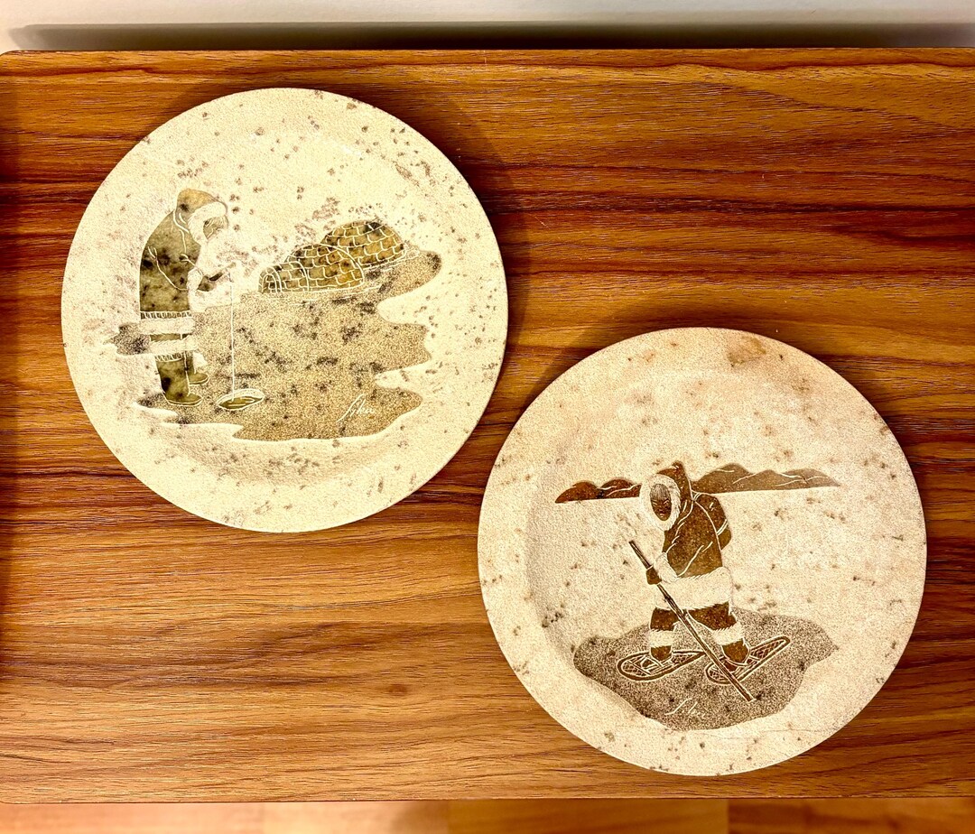 Vintage Inuit Soapstone Dish Set: 70s Canadian Ice Fishing Sculptures ...