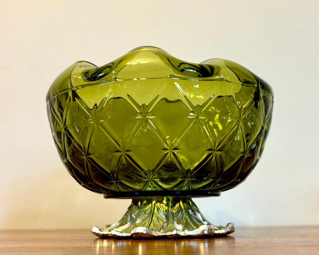 Vintage Green Glass Compote: Mid-century Modern Indiana Candy Dish With ...