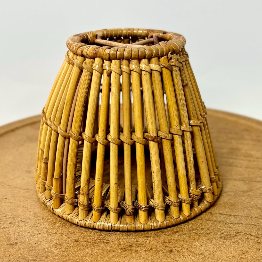 Vintage Handwoven Rattan & Bamboo Mini Lamp Shade | Boho Coastal Accent ...