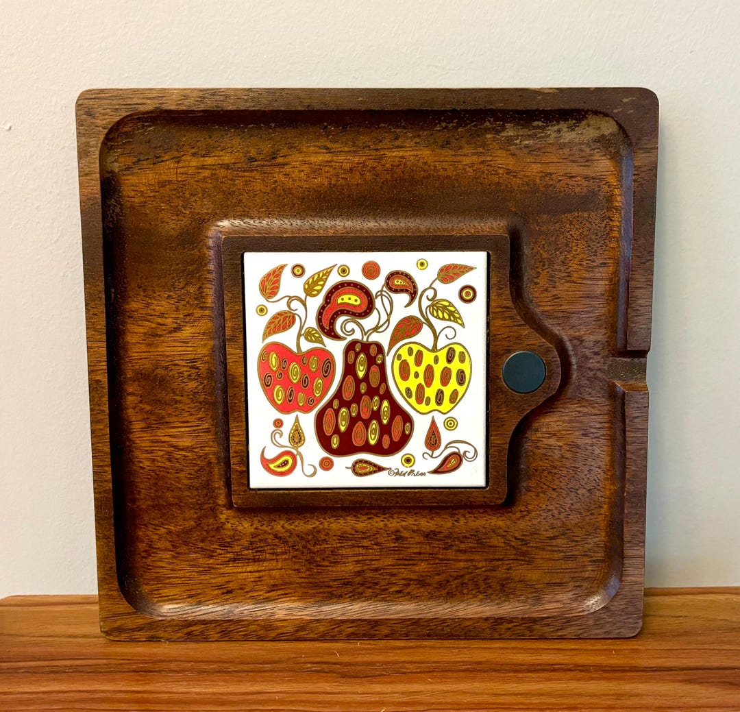 Mid Century Modern Psychedelic Art Ceramic Cheese Board With Wood Frame ...