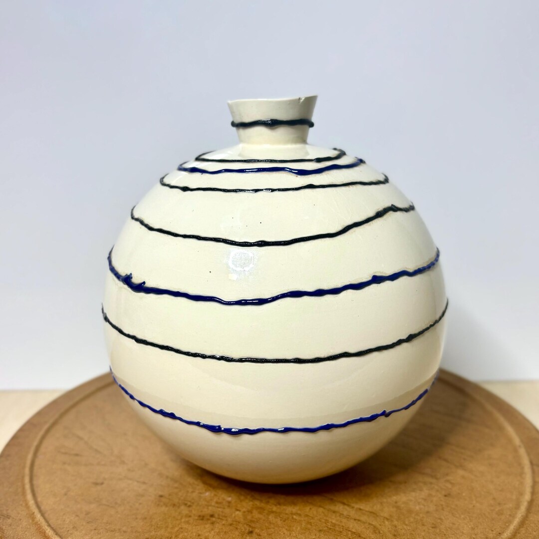 Vintage Ceramic Round Vase, Blue Stripe Pottery Vessel, off White ...