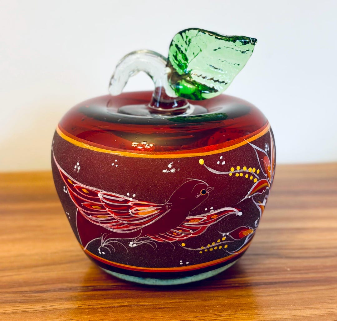 Vintage Hand-blown Ruby Red Glass Apple With Painted Birds & Flowers Unique Desk Decor ...