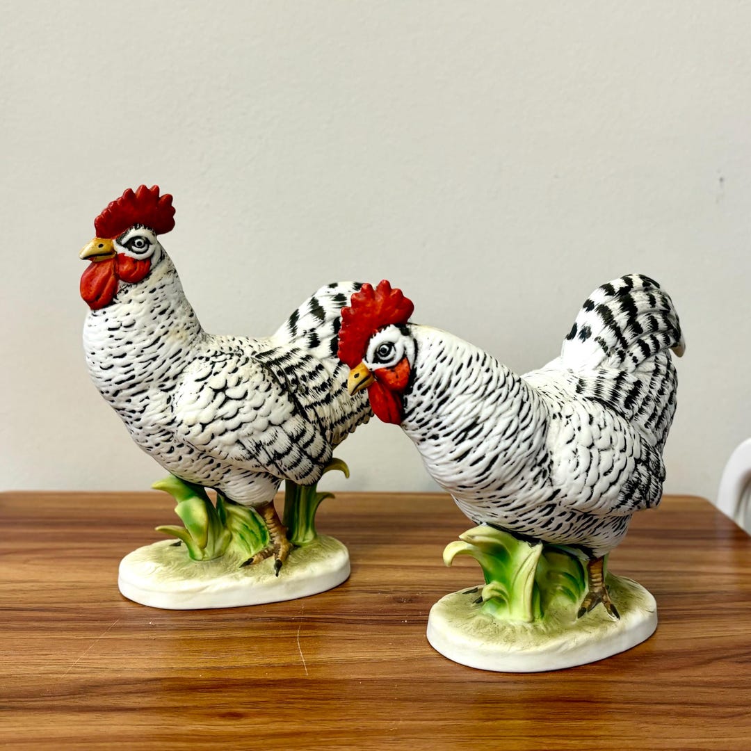 Lefton Plymouth Rock Rooster Hen Figurines, Hand-painted Ceramic Pair ...