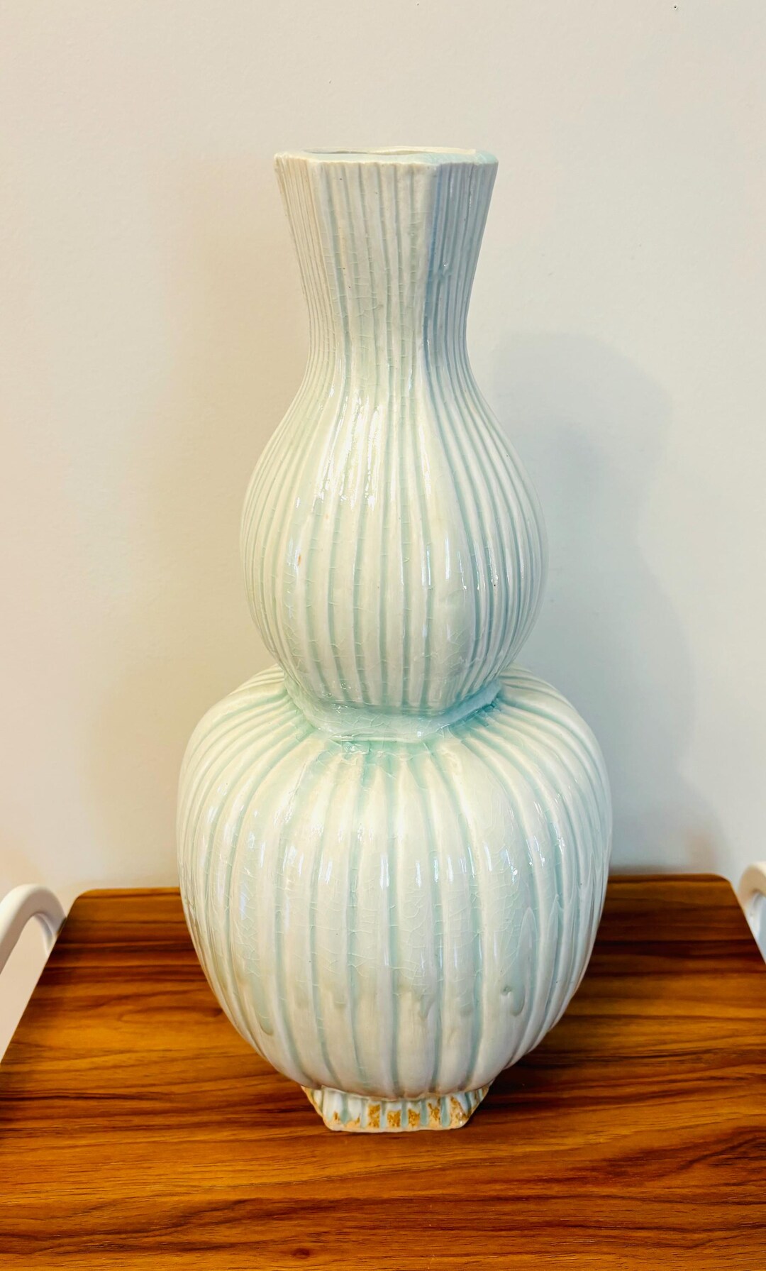 Artisan Celadon Fluted Double Gourd Vase Unique 15 Hand Shaped ...