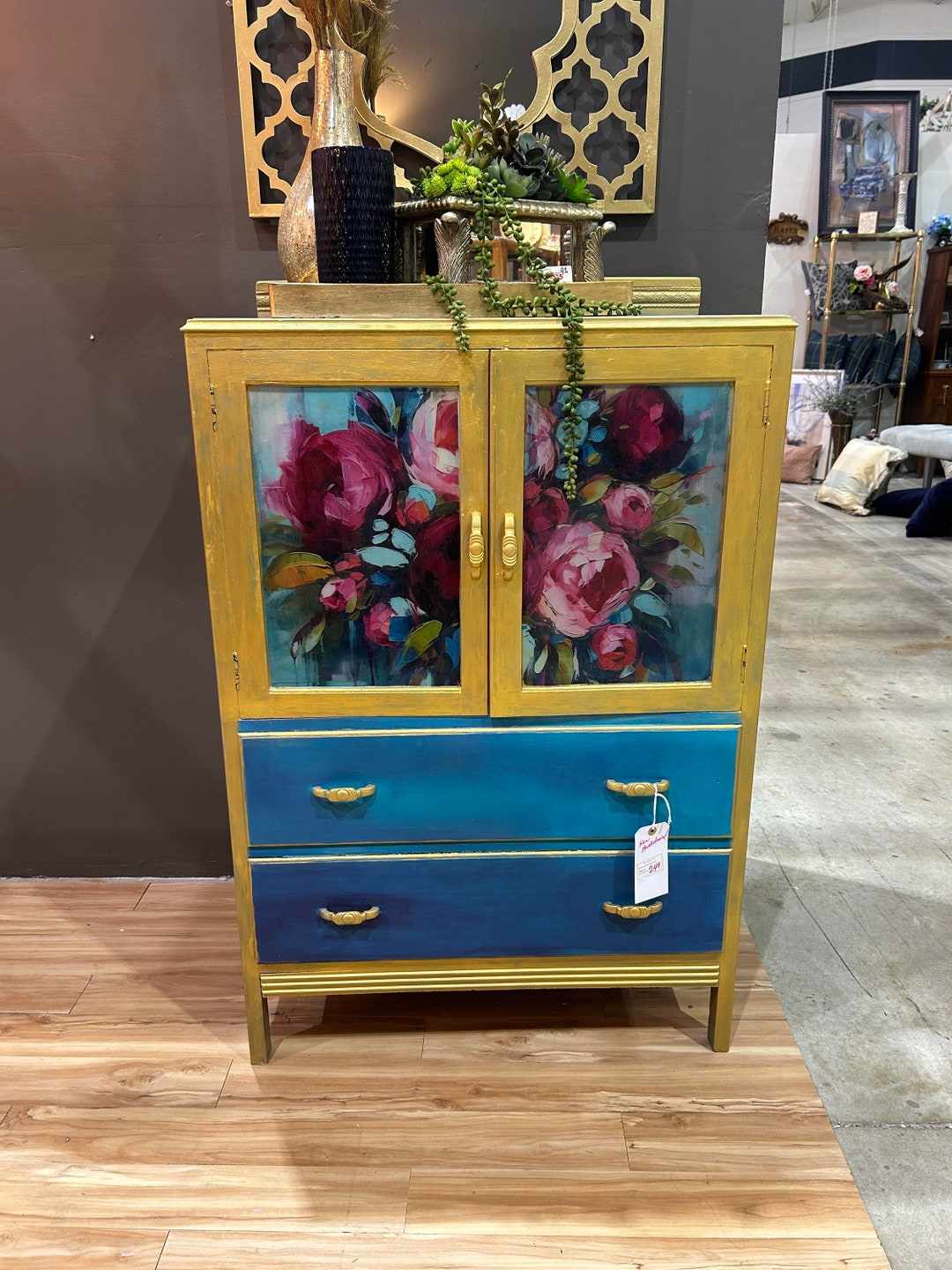 Blue and Gold Flower Cabinet - Etsy