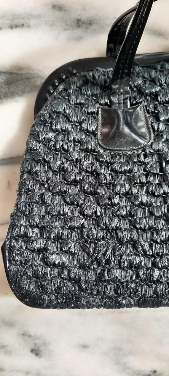 Vintage 1950s Black Faux Patent leather Raffia Sprin… - Gem