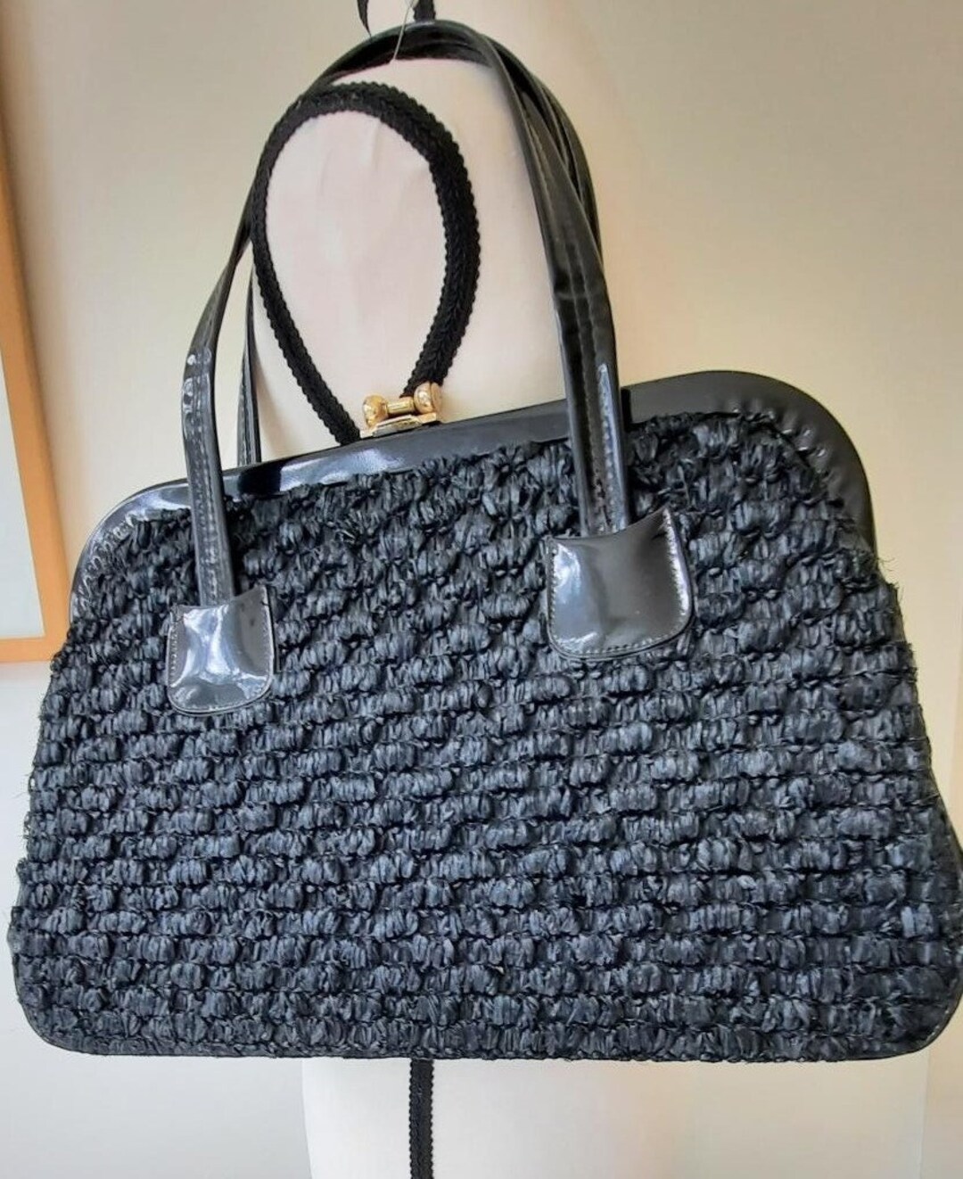 Vintage 1950s Black Faux Patent Leather Raffia Spring Summer Kelly ...