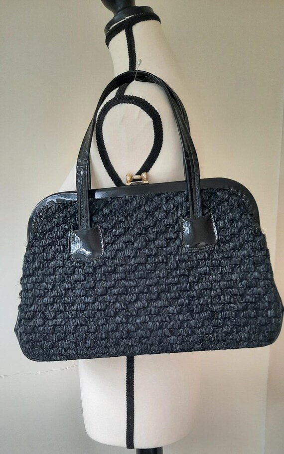 Vintage 1950s Black Faux Patent leather Raffia Sprin… - Gem