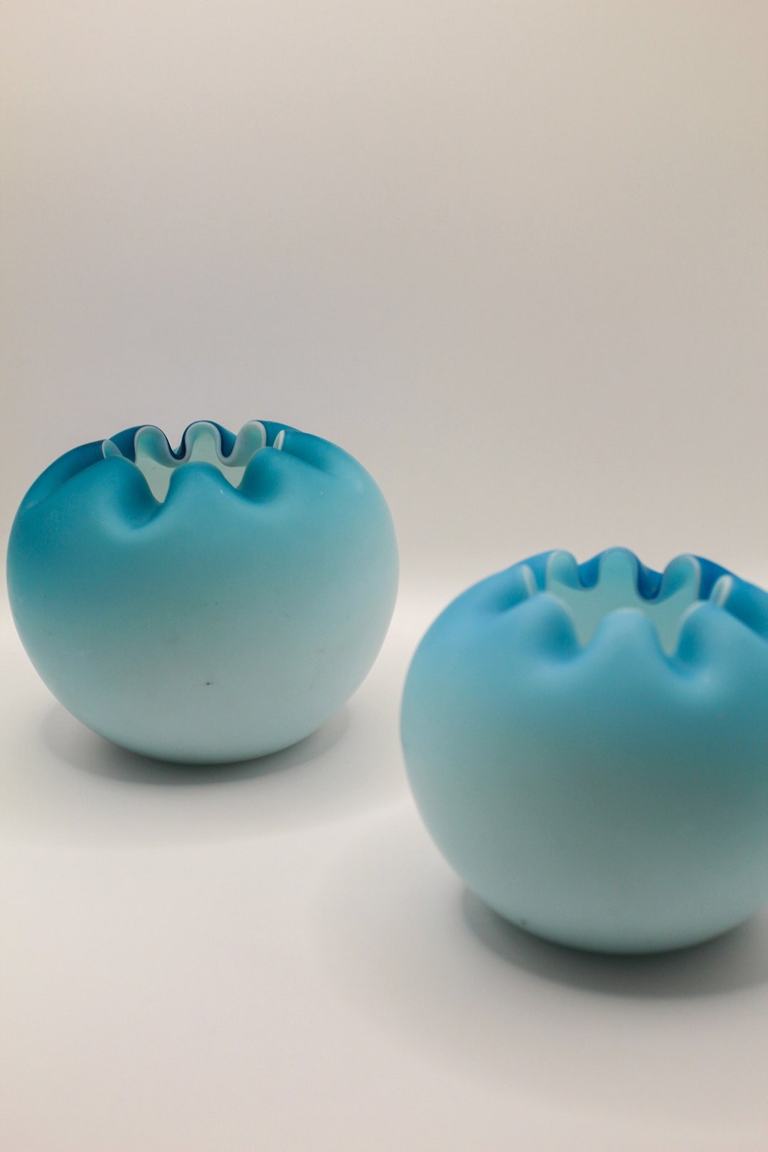 Two Blue Satin Glass Rose Bowls - Etsy