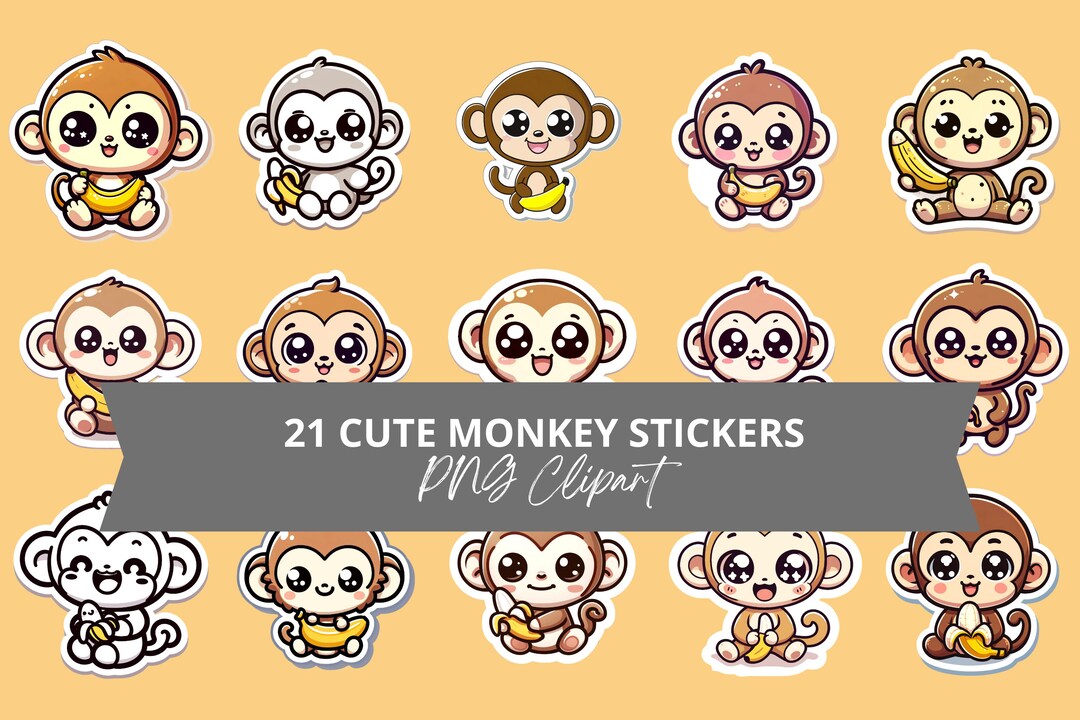 21 Playful Monkey Stickers Set, Jungle Animal Clipart, Printable Monkey ...