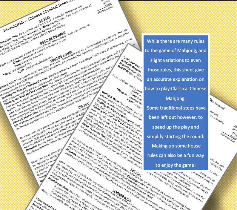 Rules Sheet - Classical Chinese Majong - Etsy