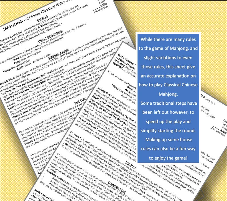 BUNDLE PACK! - Classical Chinese Mahjong Reference Sheets - 5 Most ...