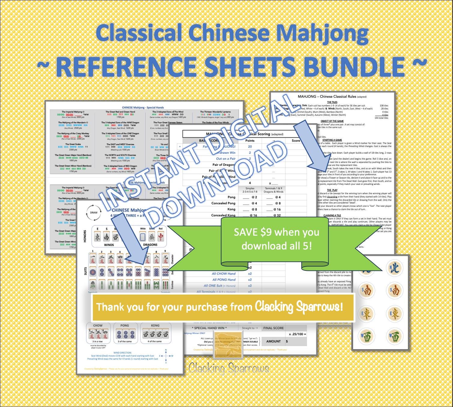BUNDLE PACK! - Classical Chinese Mahjong Reference Sheets - ALL 5 Items ...