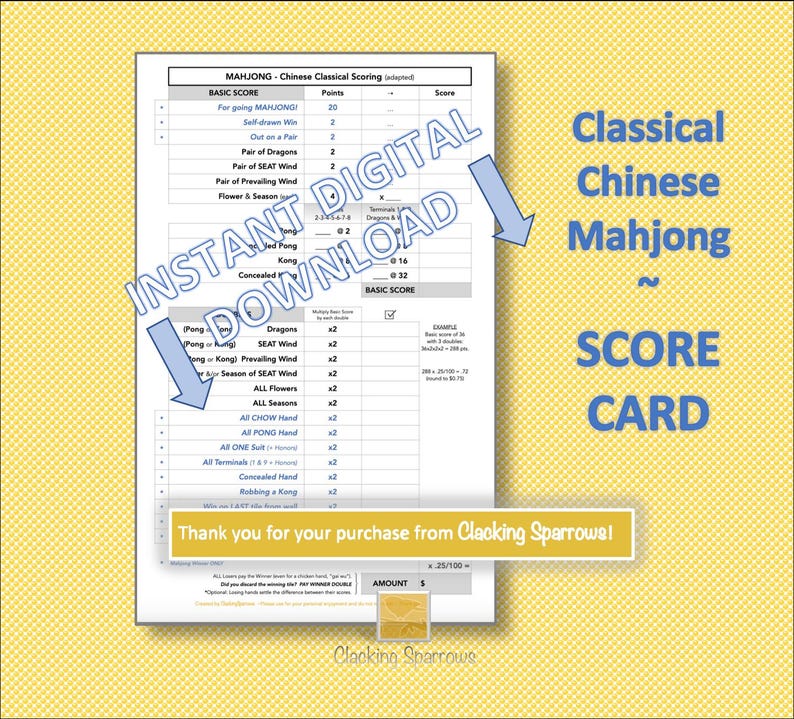 Scoring Sheet - Classical Chinese Mahjong - Etsy