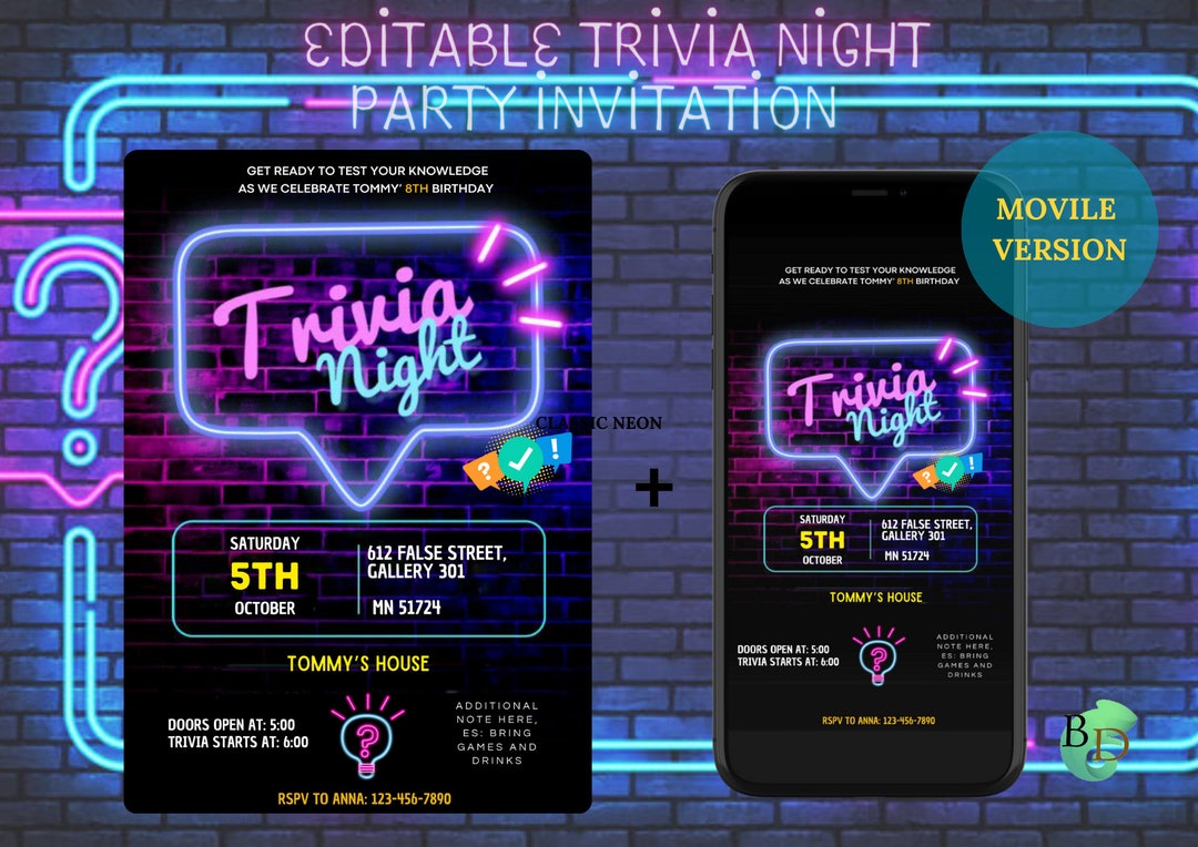 Editable Trivia Night Party Invitation, Celebrate With Friends, Digital ...
