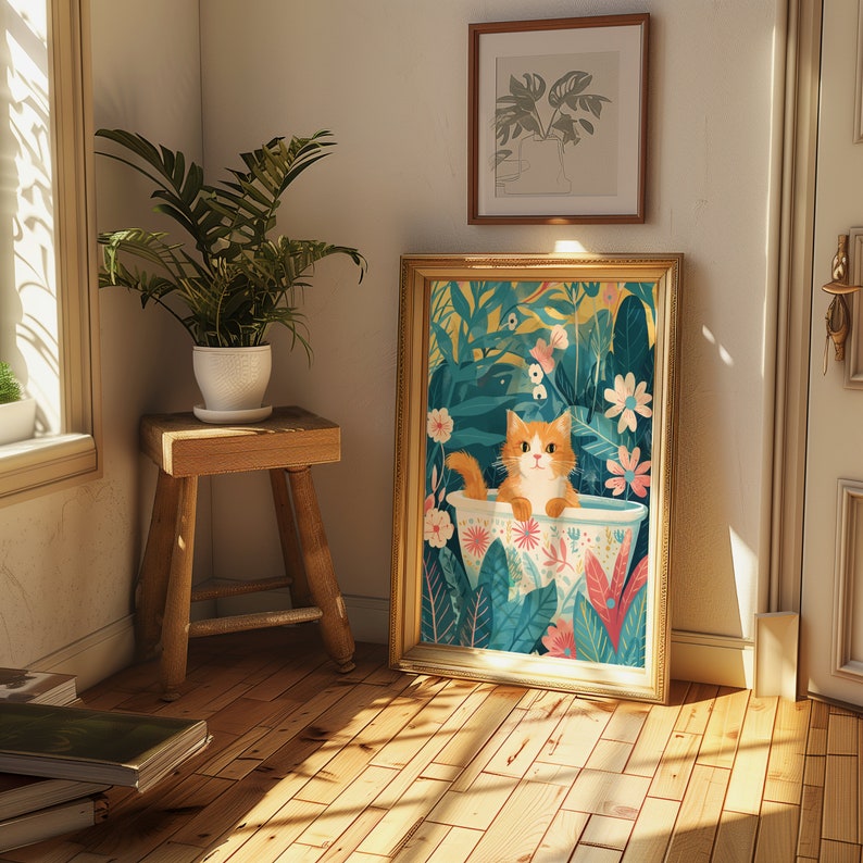 Ginger Cat Wall Art, Boho Kitten Jungle Bathtub Print, Maximalist ...