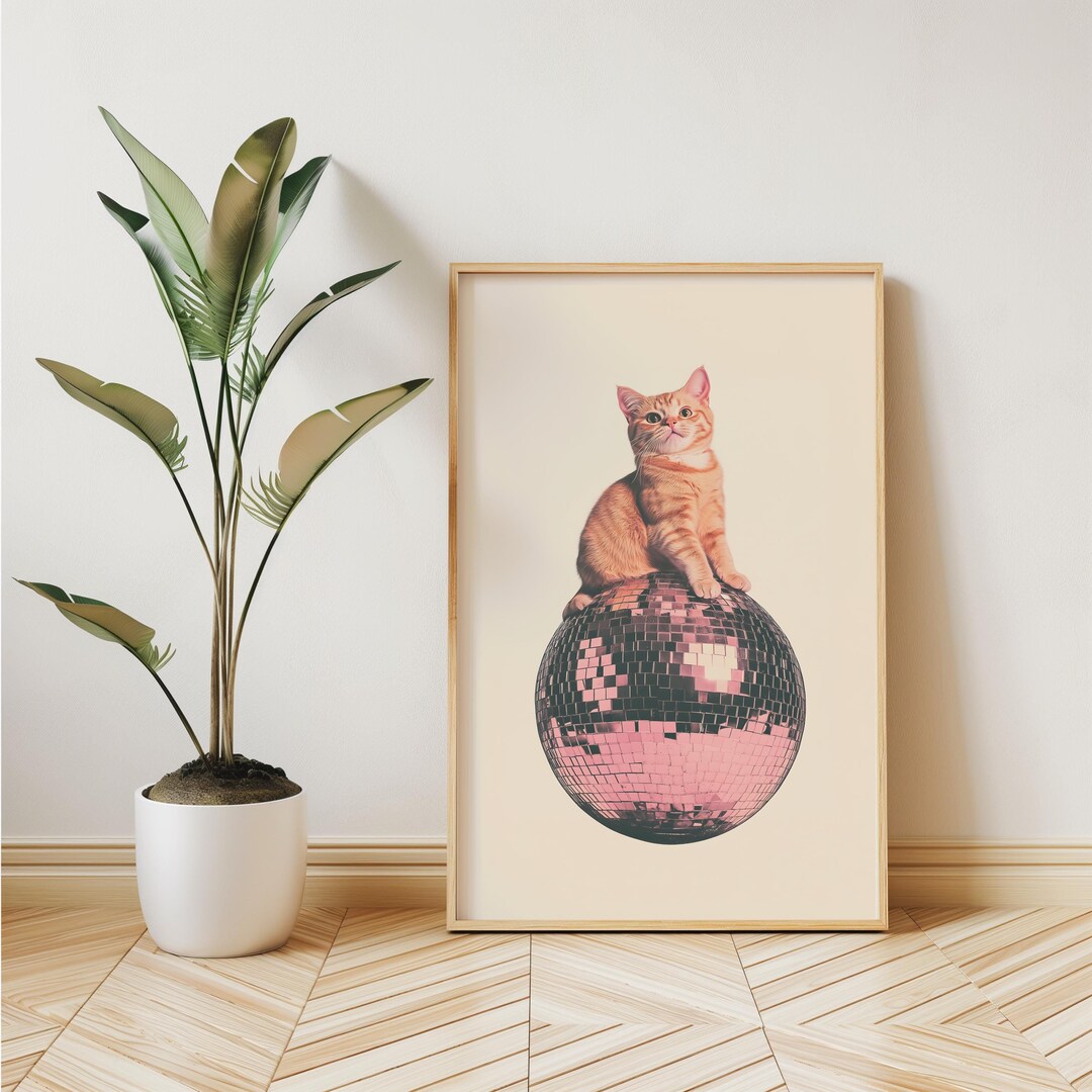 Ginger Cat Disco Ball Poster,disco 70s Print,funky Retro Cat Wall Art ...