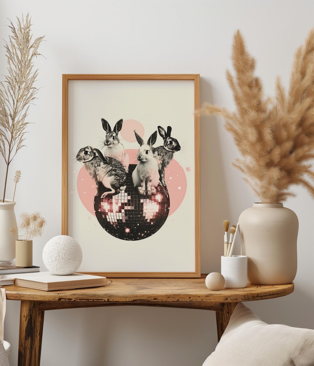 Cute Rabbits Disco Ball Poster,disco 70s Print,funky Retro Bunny Wall ...