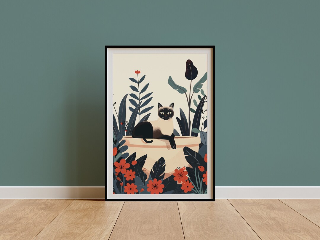 Siamese Cat Wall Art, Boho Kitten Jungle Bathtub Print, Maximalist ...