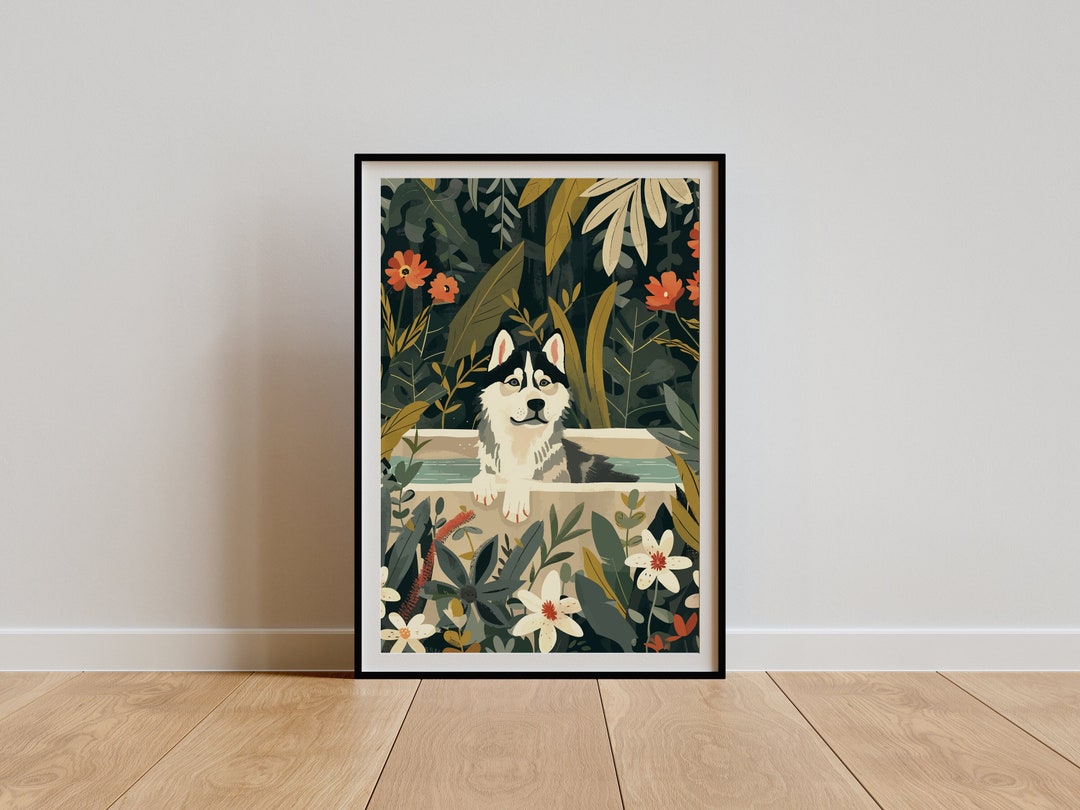 Siberian Husky Wall Art, Boho Jungle Bathtub Print, Maximalist ...