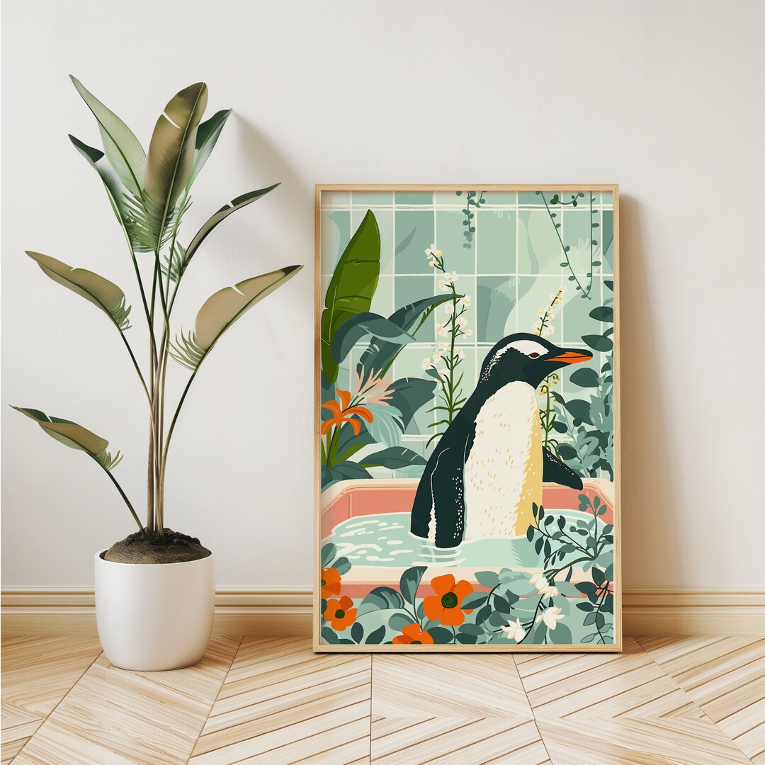 Penguin Wall Art, Animal Kids Room Print, Boho Jungle Bathtub Poster ...