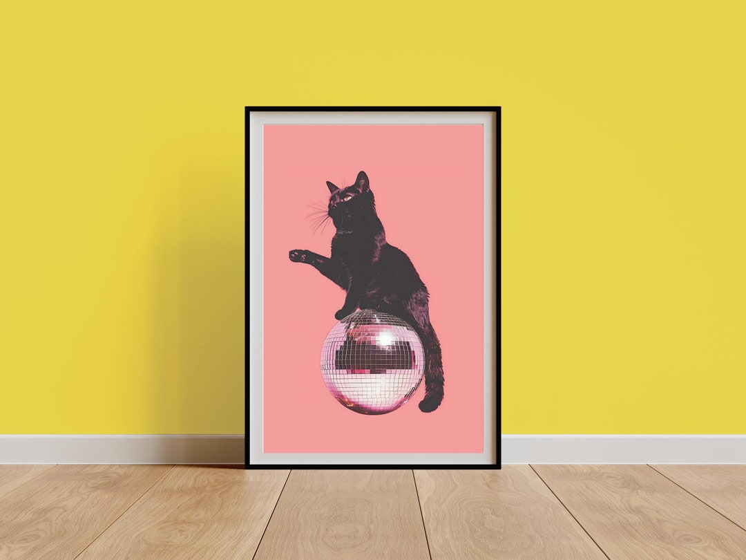 Retro Black Cat Poster,funky Disco 70s Print,cat Disco Ball Wall Art ...