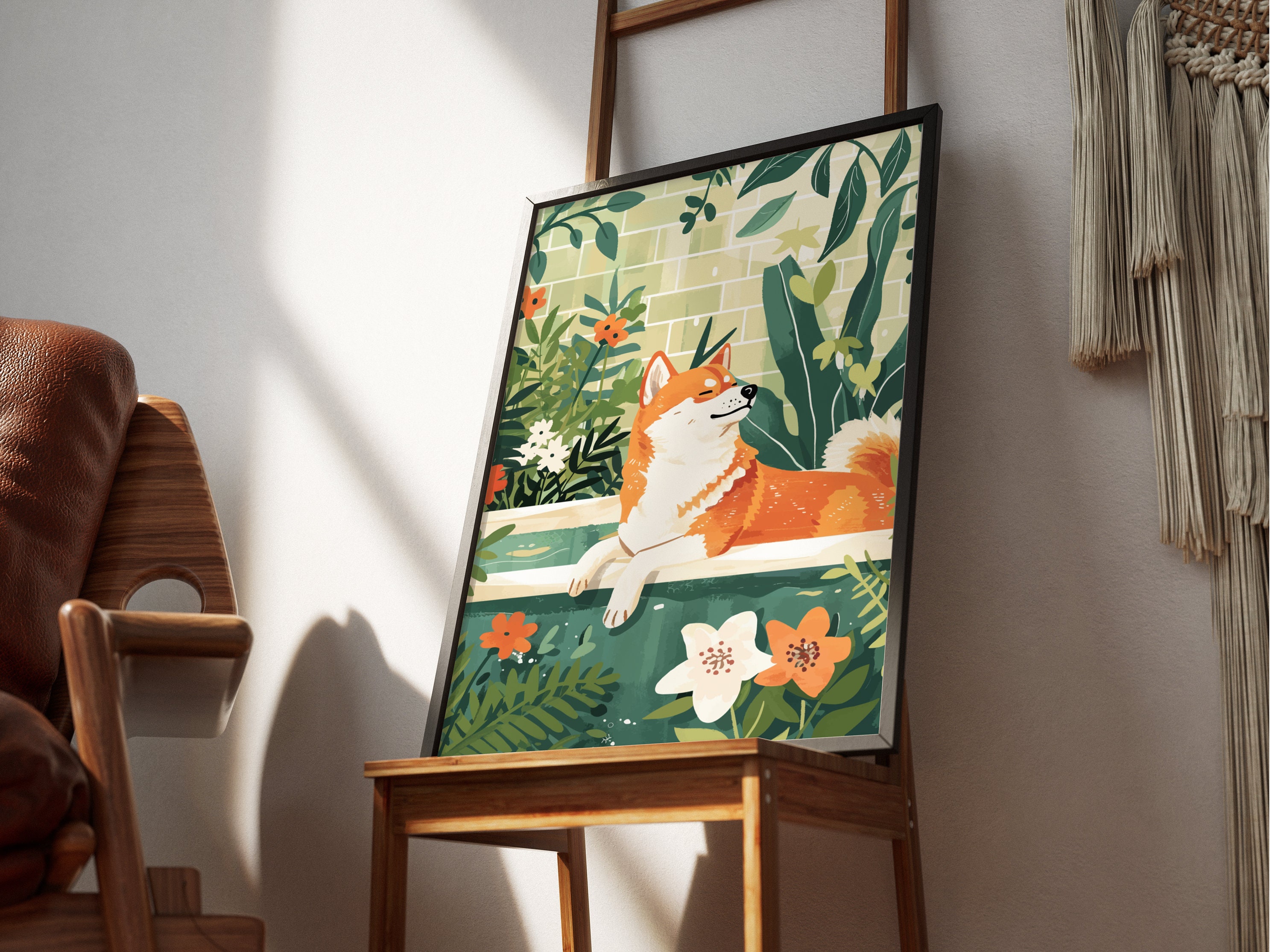 Shiba Inu Wall Art, Boho Jungle Bathtub Print, Maximalist Botanical ...