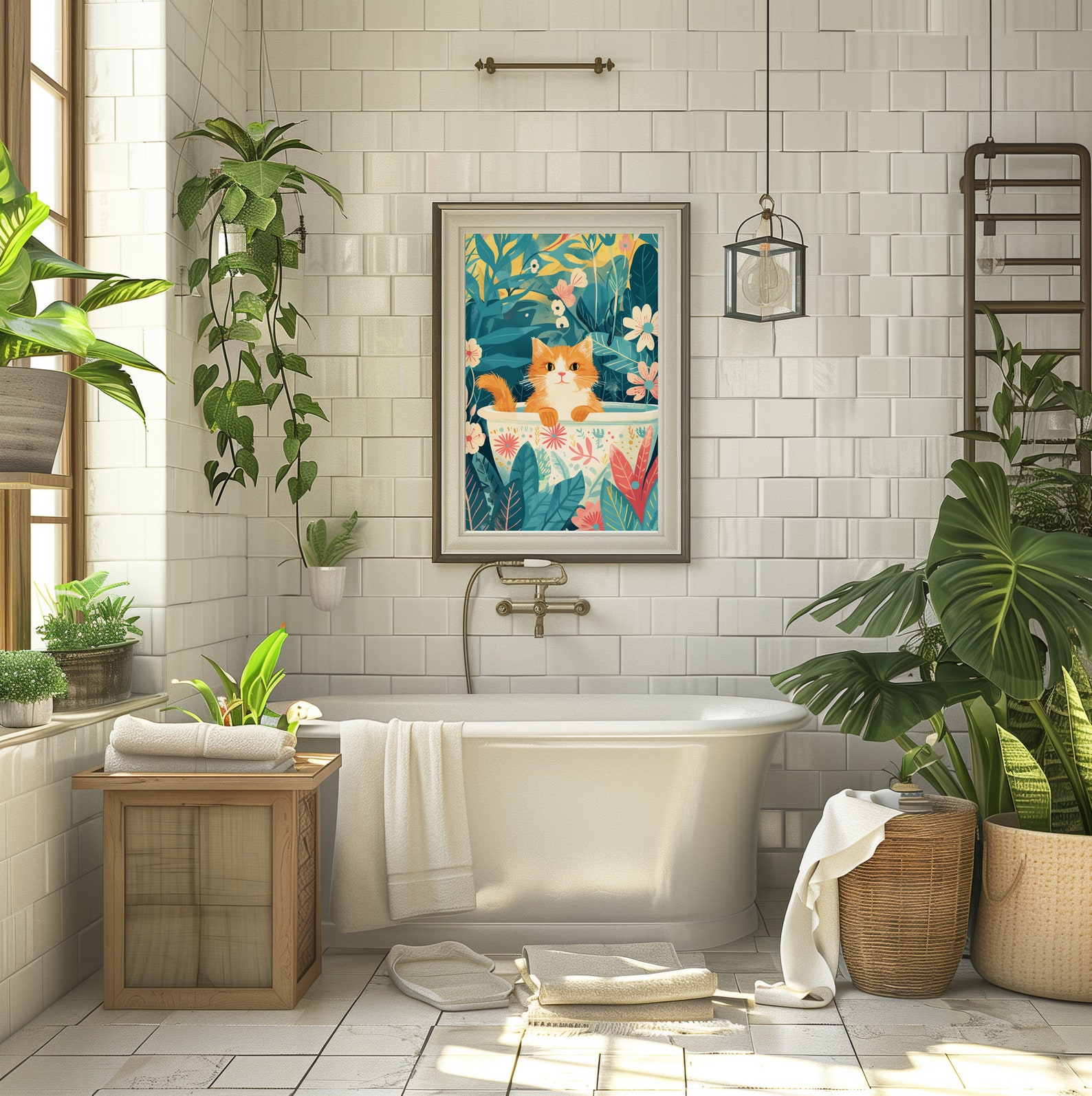 Ginger Cat Wall Art, Boho Kitten Jungle Bathtub Print, Maximalist ...