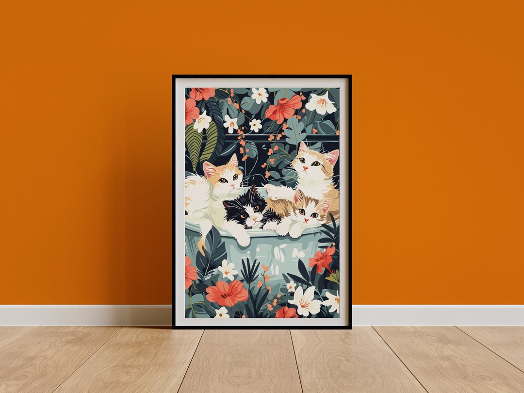 Cats Wall Art, Boho Kitten Pile Jungle Bathtub Print, Maximalist ...